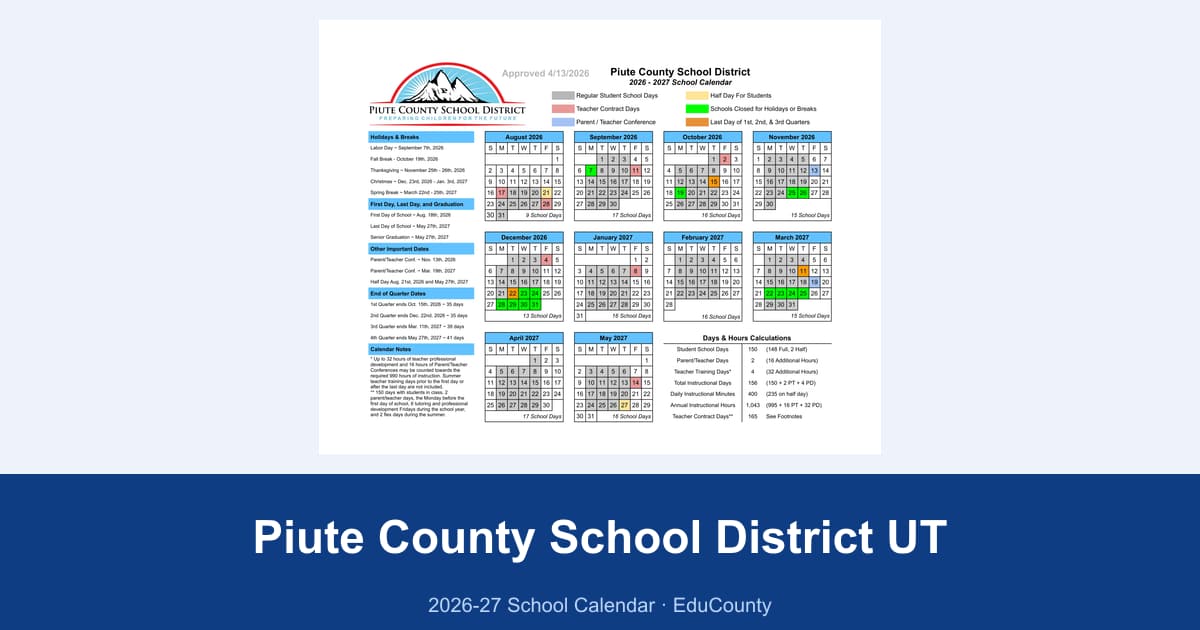 Piute County School District UT Calendar 26-27 - EduCounty