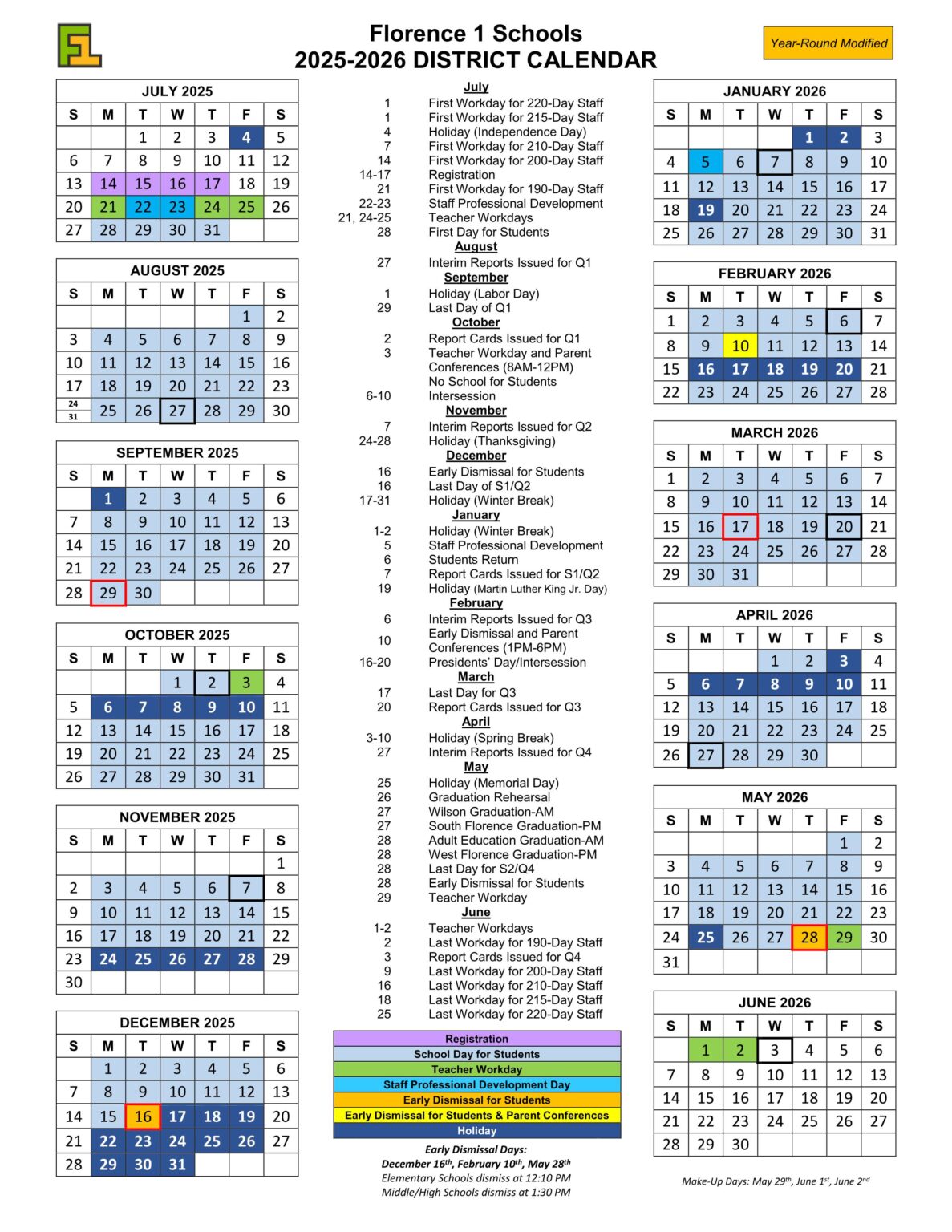 Florence County sc schools Calendar District Wise 25-26 - EduCounty