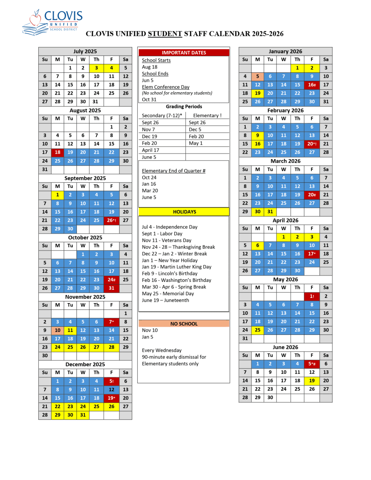 Clovis Unified School District Calendar 2025 2026 - All For One