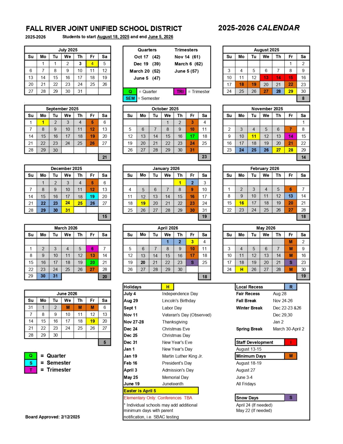 Fall River Joint Unified School District Calendar 25-26 revised - EduCounty