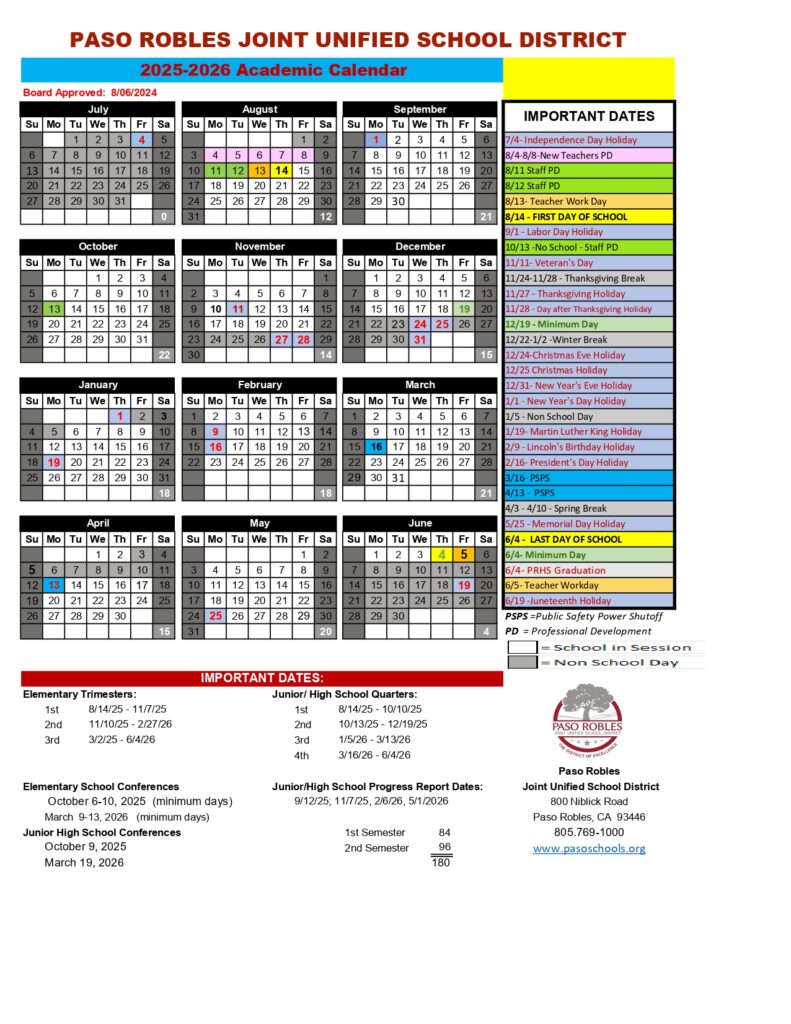Paso Robles Joint Unified School District Calendar 25-26 [PDF] REVISED ...