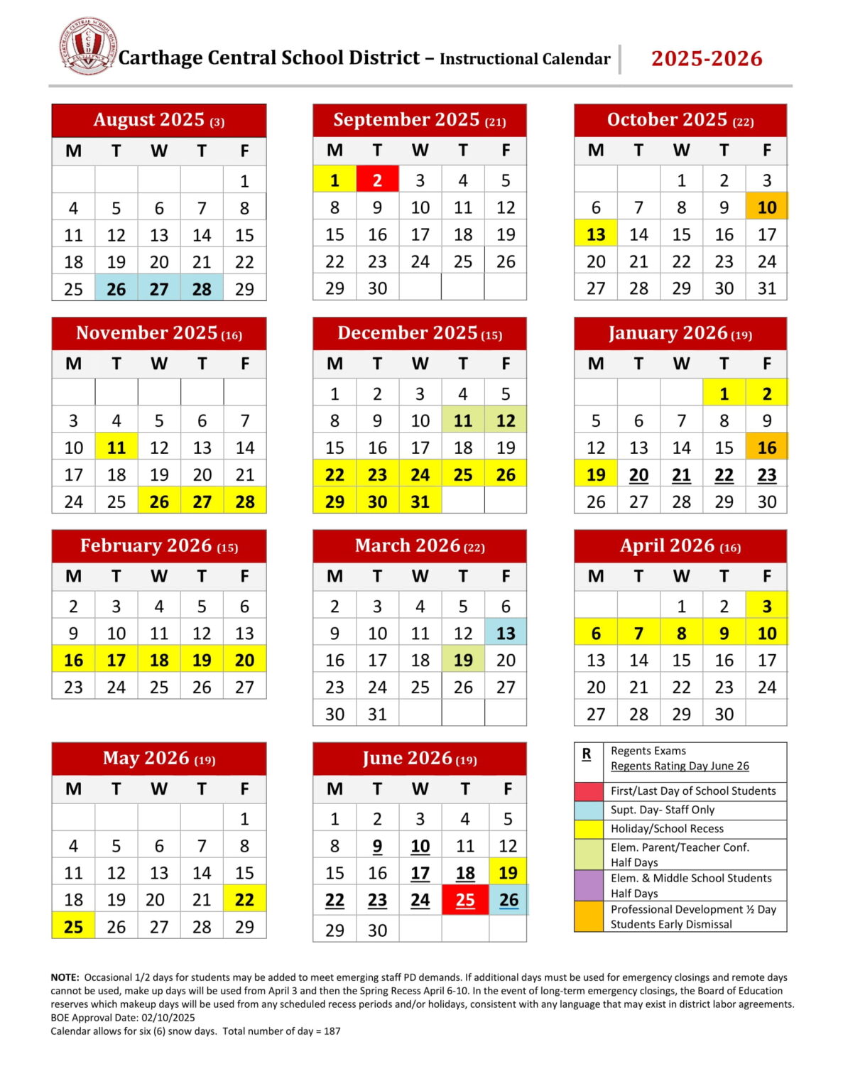 Carthage Central School District Calendar 25-26 revised pdf - EduCounty
