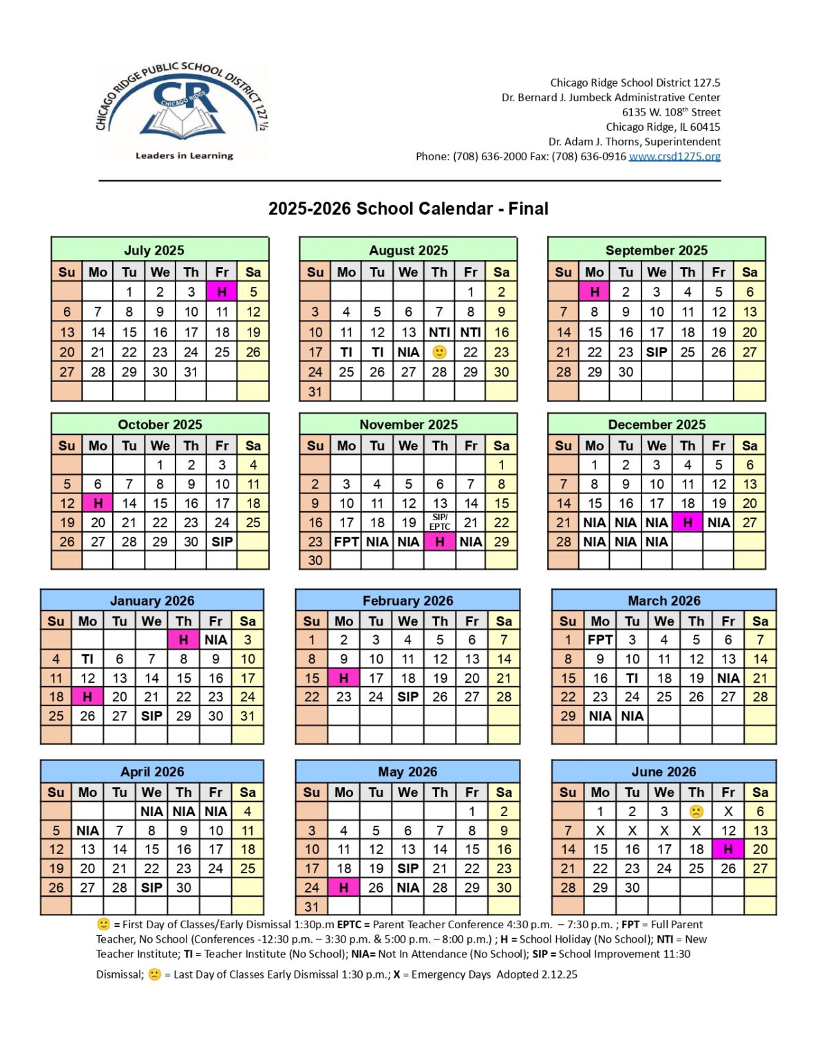 Chicago Ridge CRSD District 127.5 Calendar 25-26 revised - EduCounty