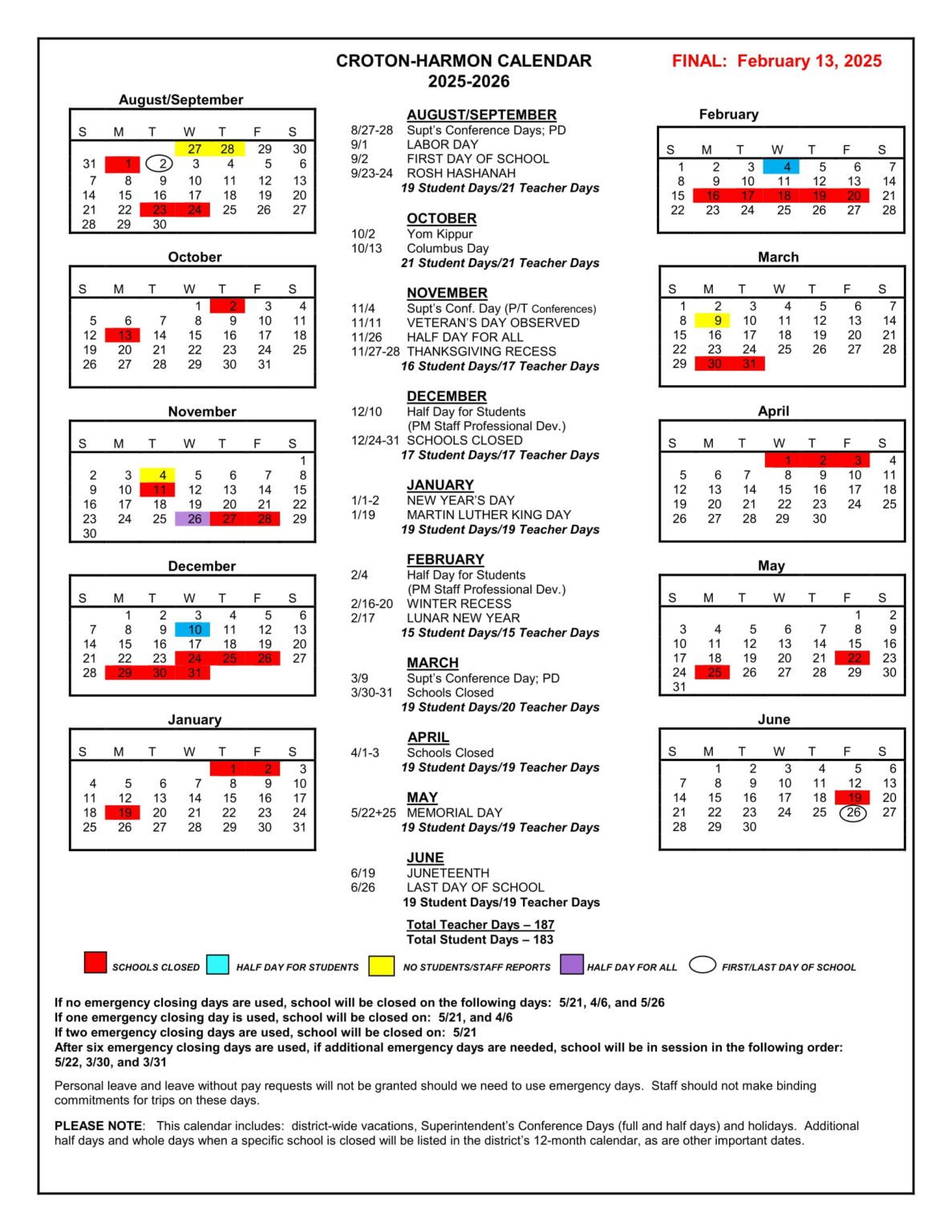 Croton-Harmon school district Calendar 25-26 Revised [PDF] - EduCounty