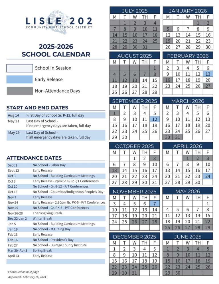LISLE DISTRICT 202 CALENDAR 25-26 [PDF] revised - EduCounty
