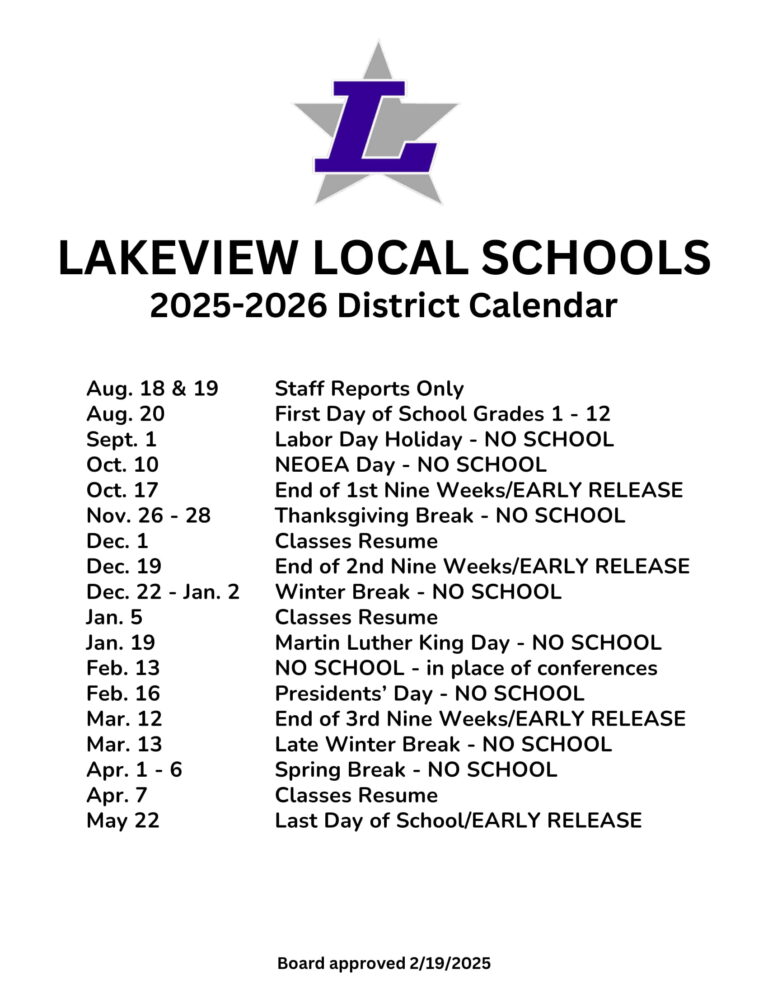 Lakeview Local Schools Calendar 25-26 Revised [PDF] - EduCounty