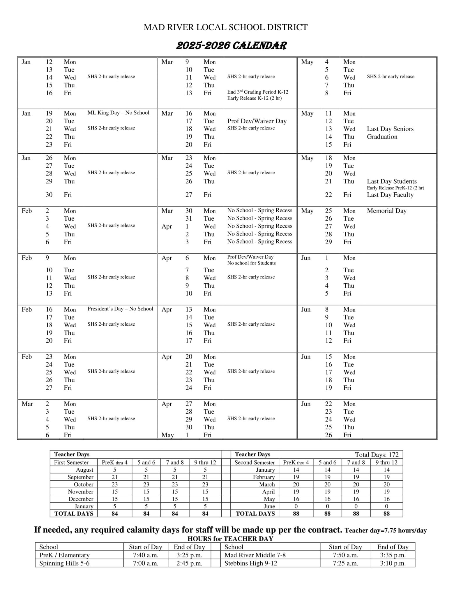 Mad River local school district Calendar 25-26 Revised [pdf] - EduCounty