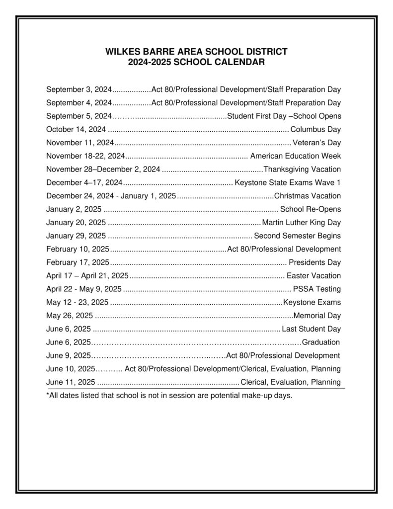 Wilkes Barre Area School District Calendar 24-25 [PDF] REVISED - EduCounty
