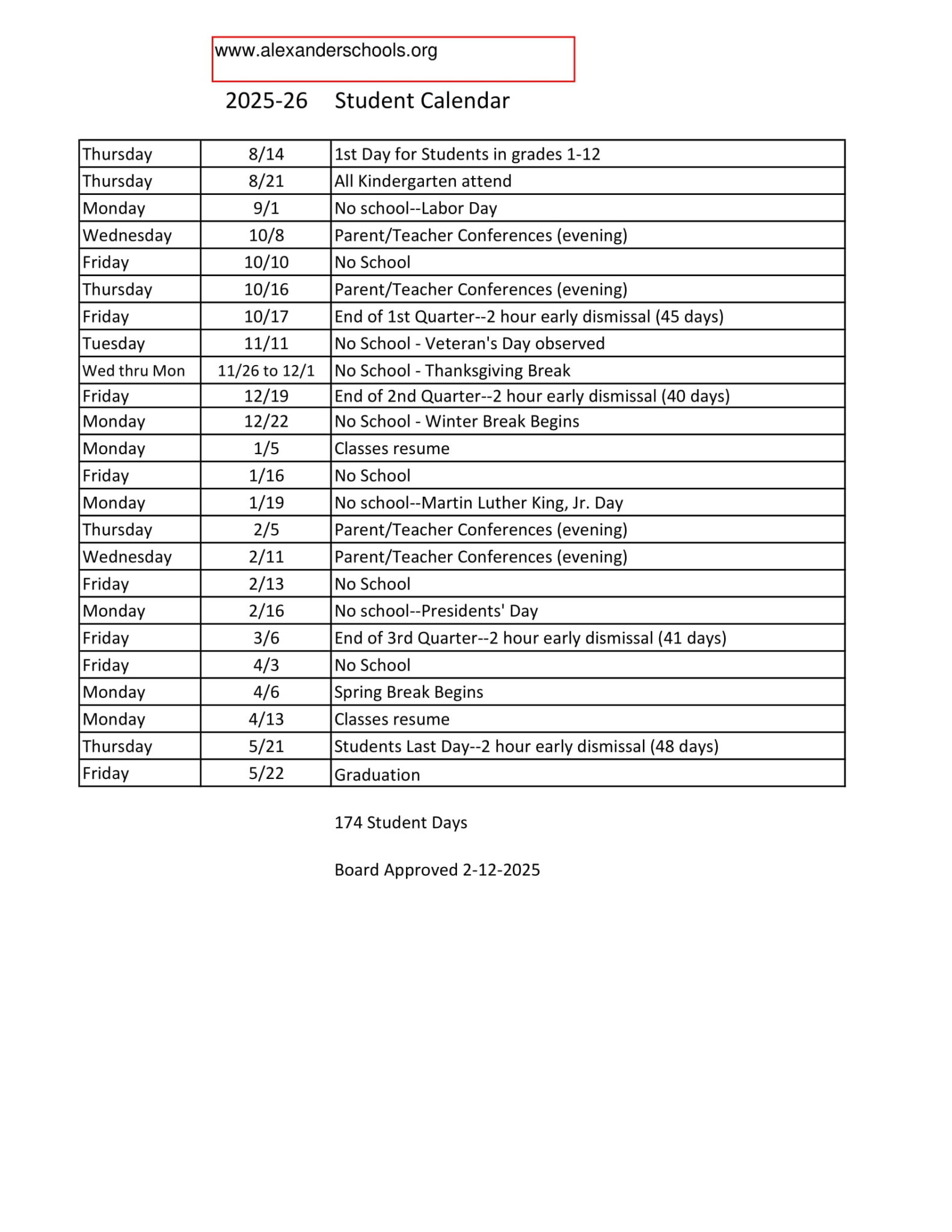 Alexandar Local Schools Calendar 25-26 Revised [PDF] - EduCounty