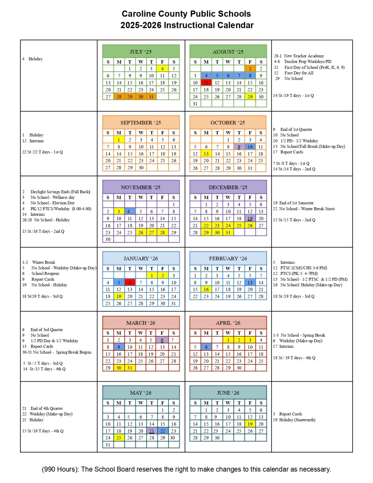 Caroline Public Schools VA calendar 25-26 Revised [PDF] - EduCounty