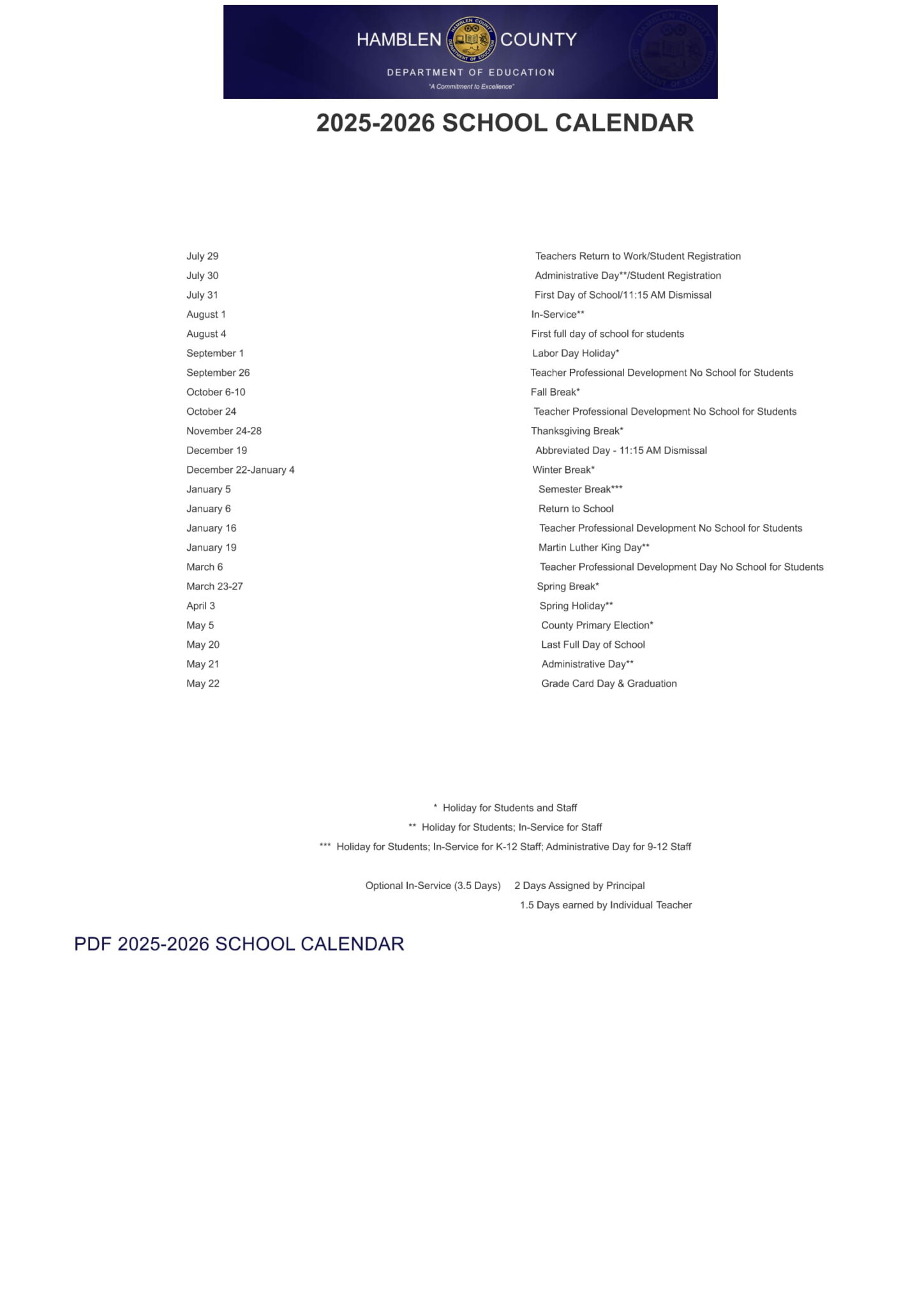Hamblen County Education School Calendar 25-26 Revised [PDF] - EduCounty