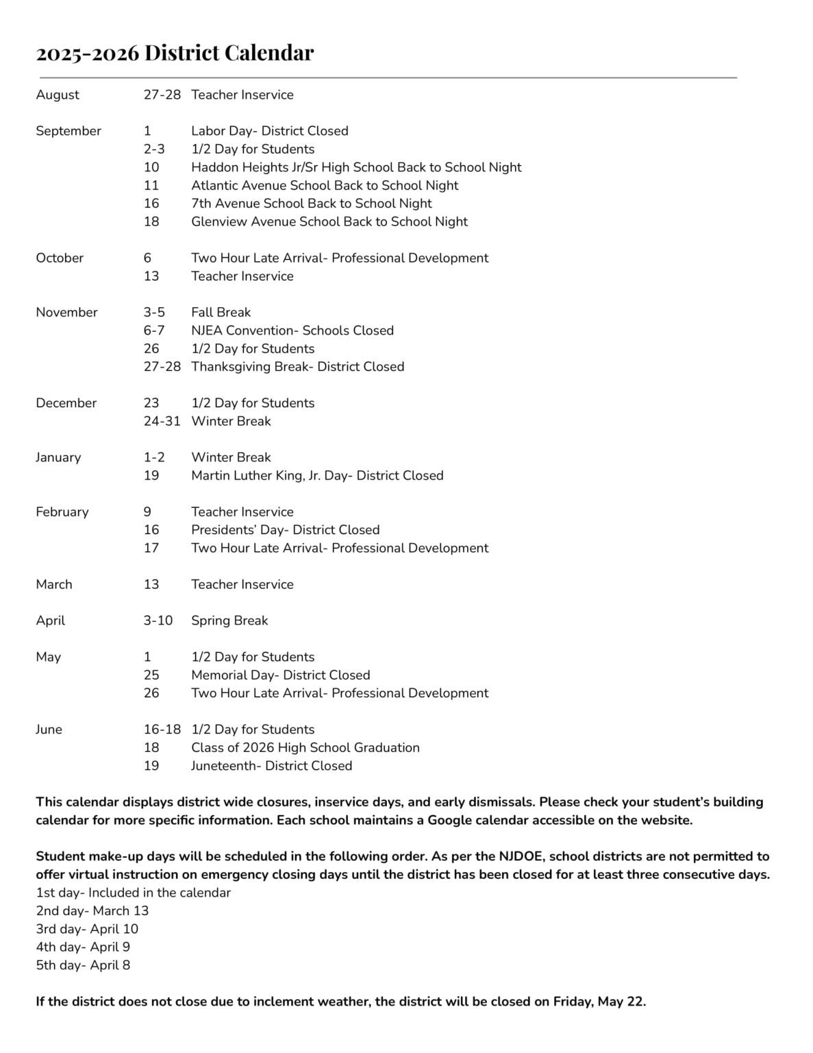 Haddon Heights school district Calendar 25-26 Revised [PDF] - EduCounty