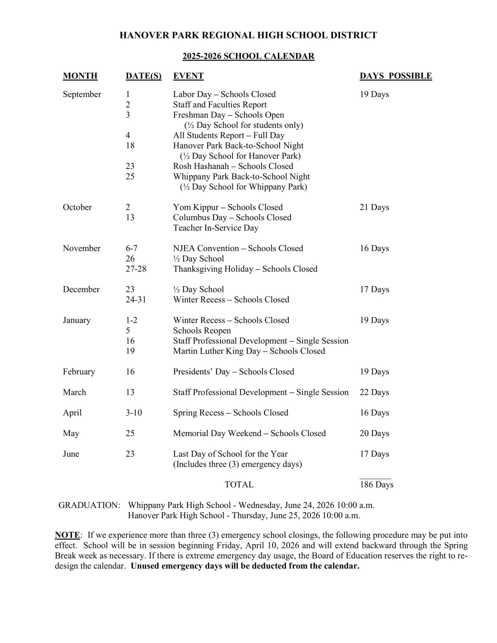 Hanover Park Regional high school calendar 25-26 Revised [PDF] - EduCounty