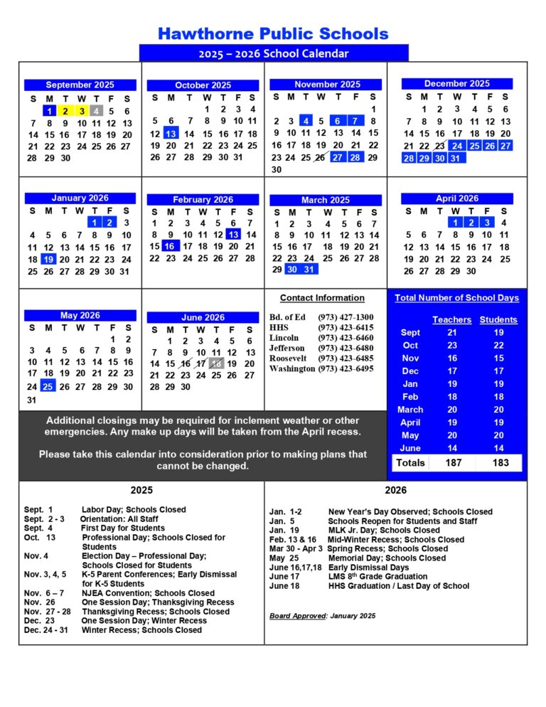 Hawthrone Public Schools Calendar 25 26 Revised Pdf Educounty