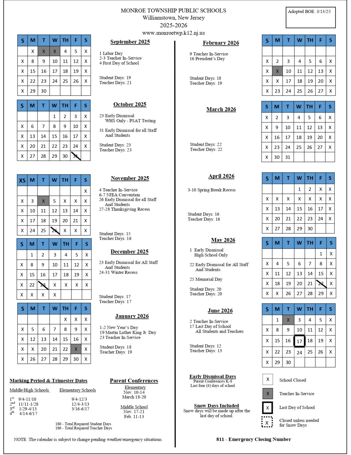 Monroe Township Public school calendar 25-26 Revised [PDF] - EduCounty