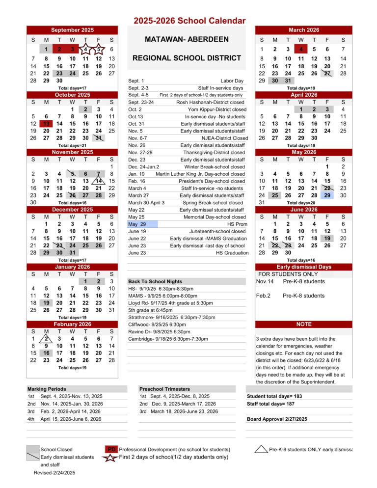 Matawan-Aberdeen Regional School District Calendar 25-26 Revised [pdf ...