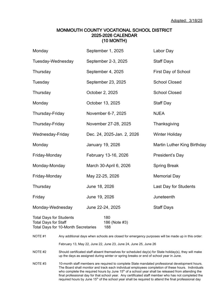 Monmouth County Vocational School District Calendar 25-26 Revised [PDF] - EduCounty
