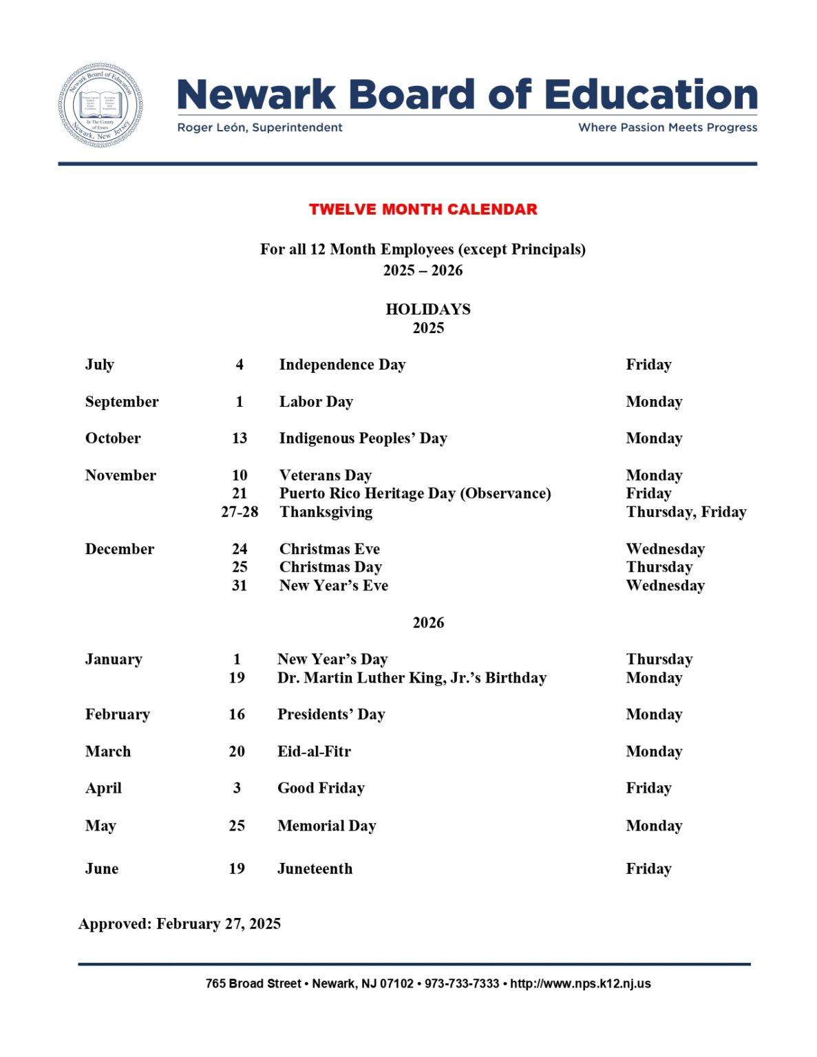 Newark Board of Education 25-26 Calendar Revised [PDF] - EduCounty