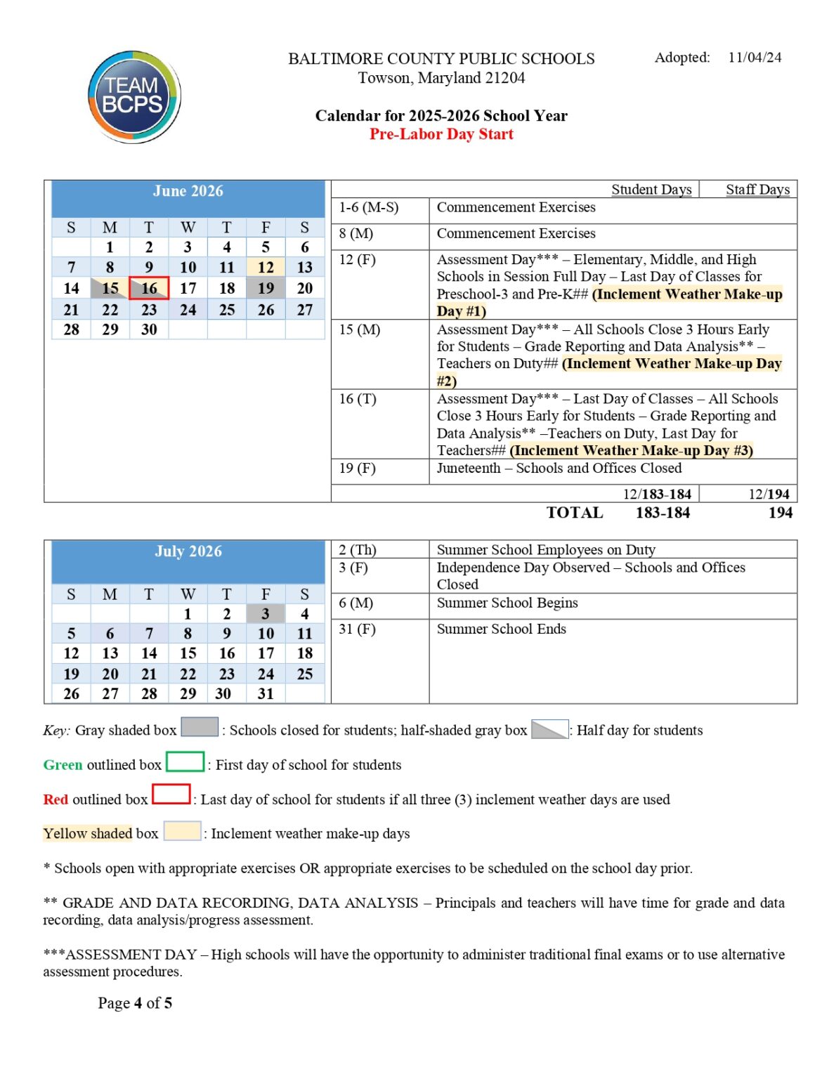 Baltimore County Public Schools Calendar 25-26 Revised [PDF] - EduCounty