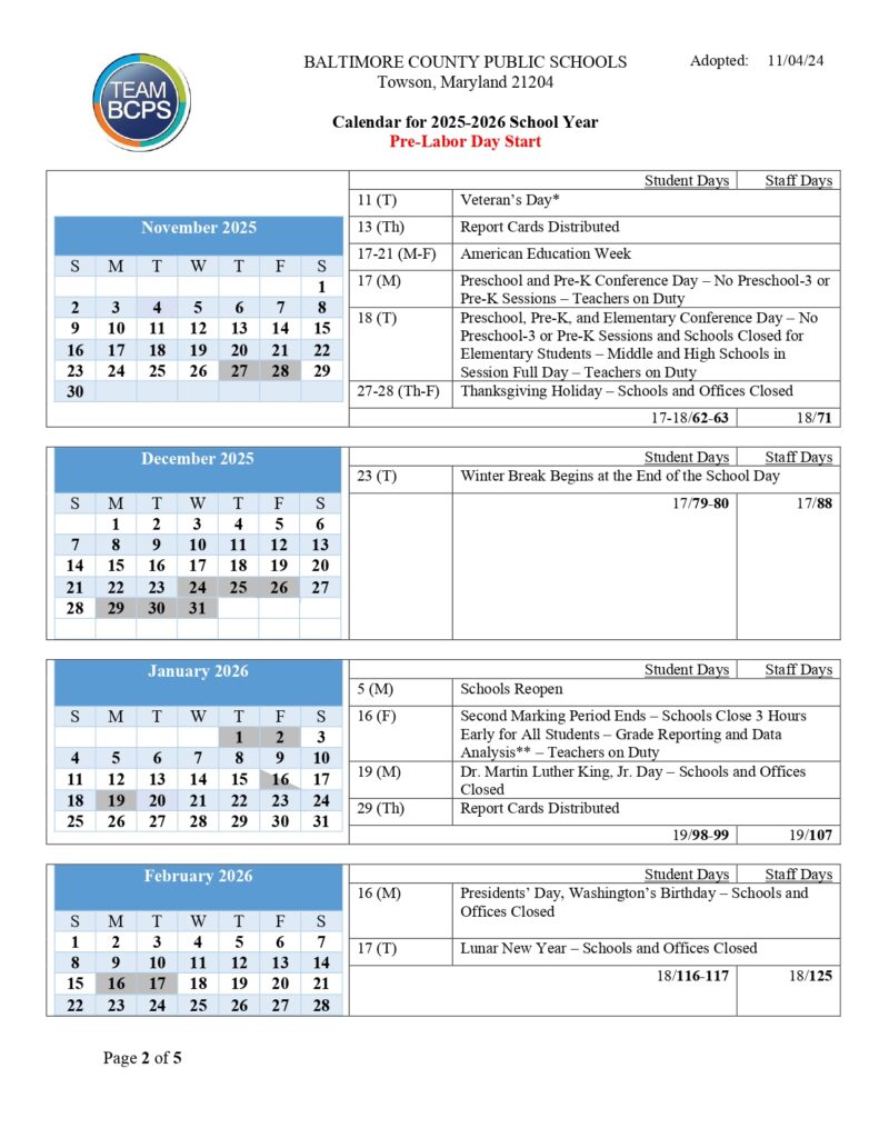 Baltimore County Public Schools Calendar 25-26 Revised [PDF] - EduCounty