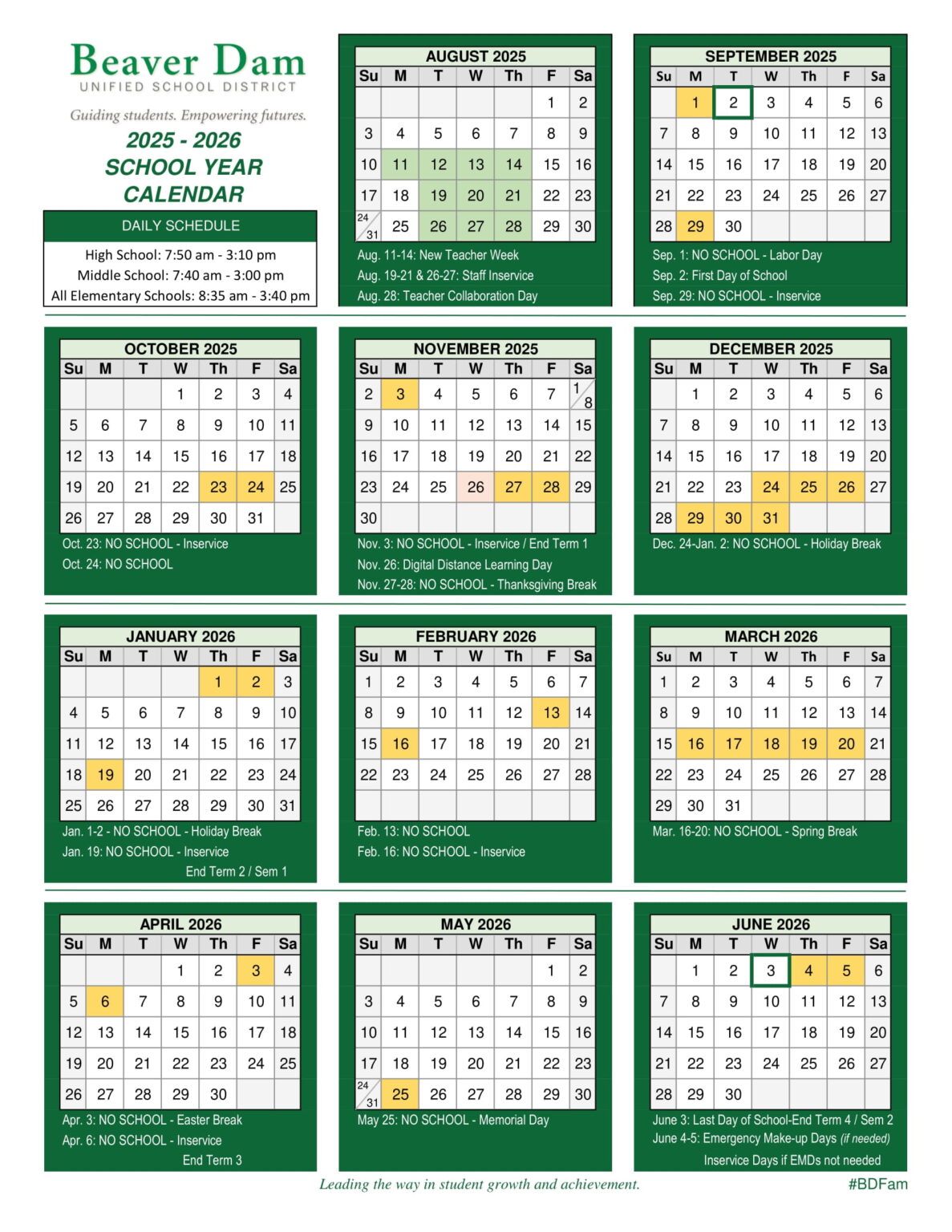 Beaver Dam UNIFIED SCHOOL DISTRICT Calendar 25-26 Revised [PDF] - EduCounty
