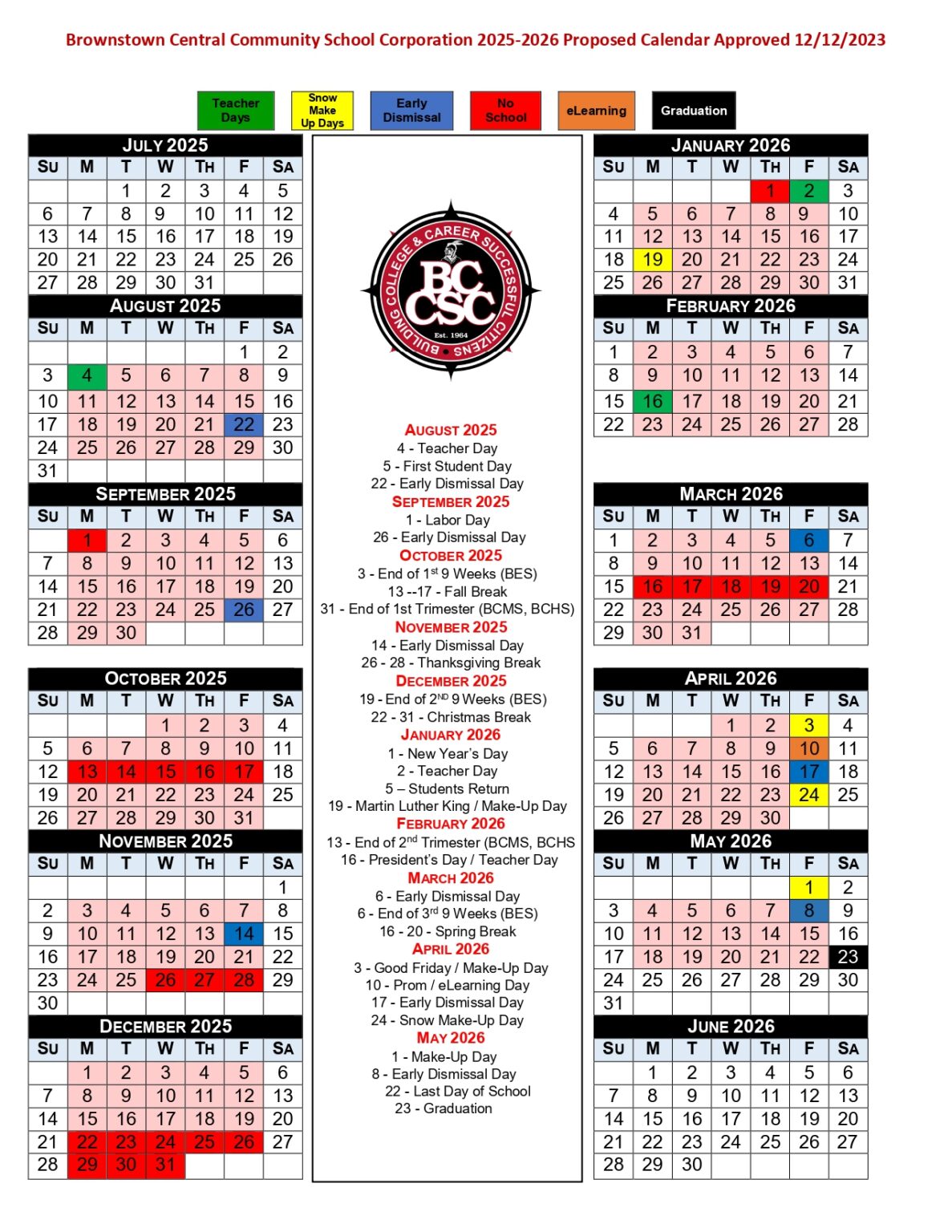 Brownstown Central Community School Corporation Calendar 25-26 Revised ...