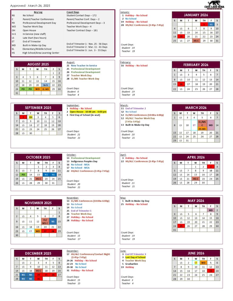 CASS LAKE-BENA schools calendar 25-26 Revised [PDF] - EduCounty
