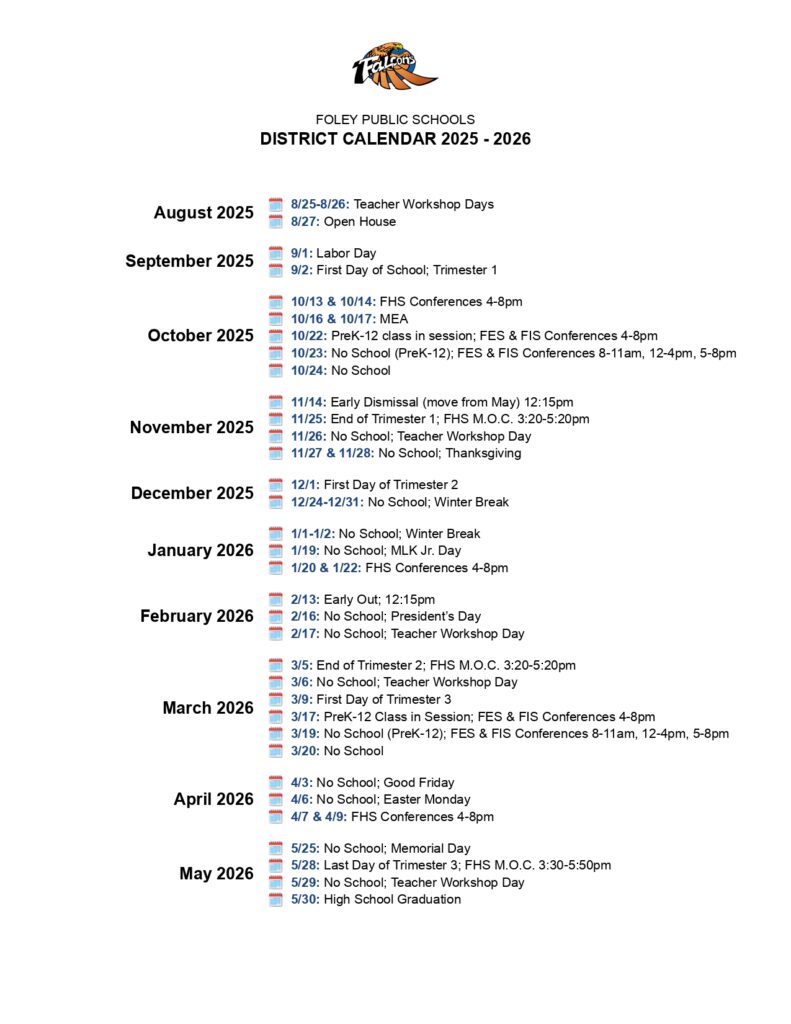 Foley Public Schools MN Calendar 25-26 Revised [PDF] - EduCounty