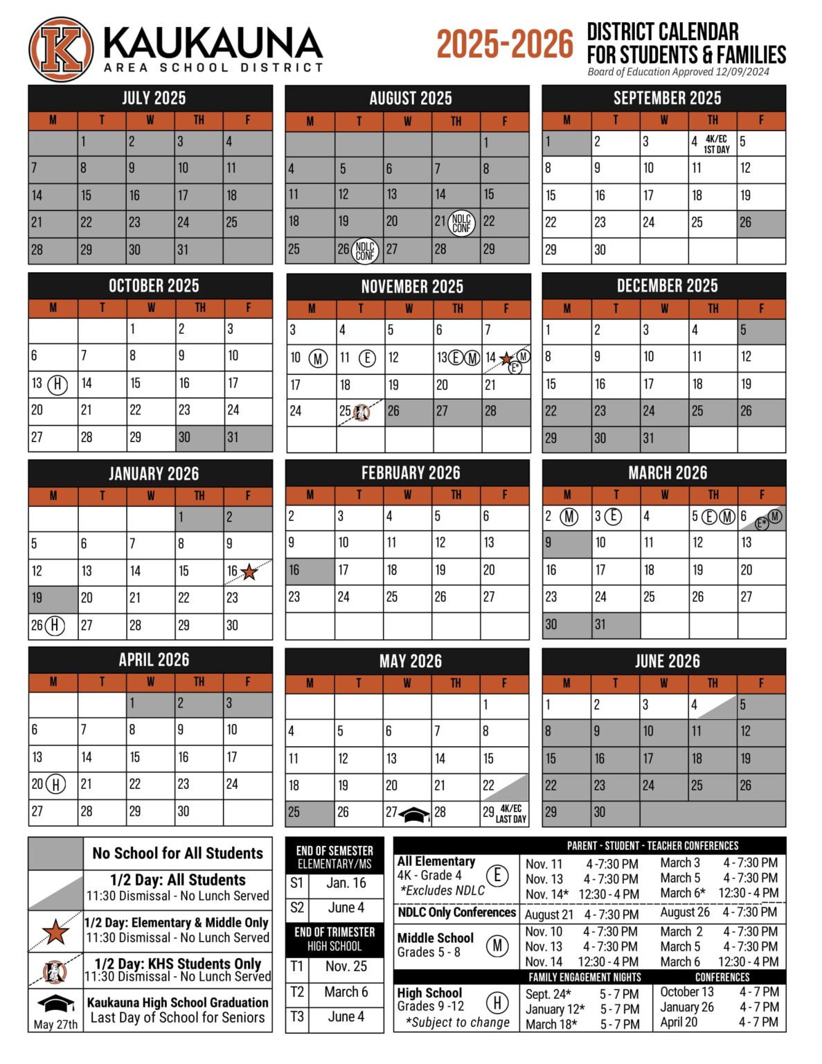 KAUKAUNA SCHOOL DISTRICT 25-26 Calendar Revised [PDF] - EduCounty