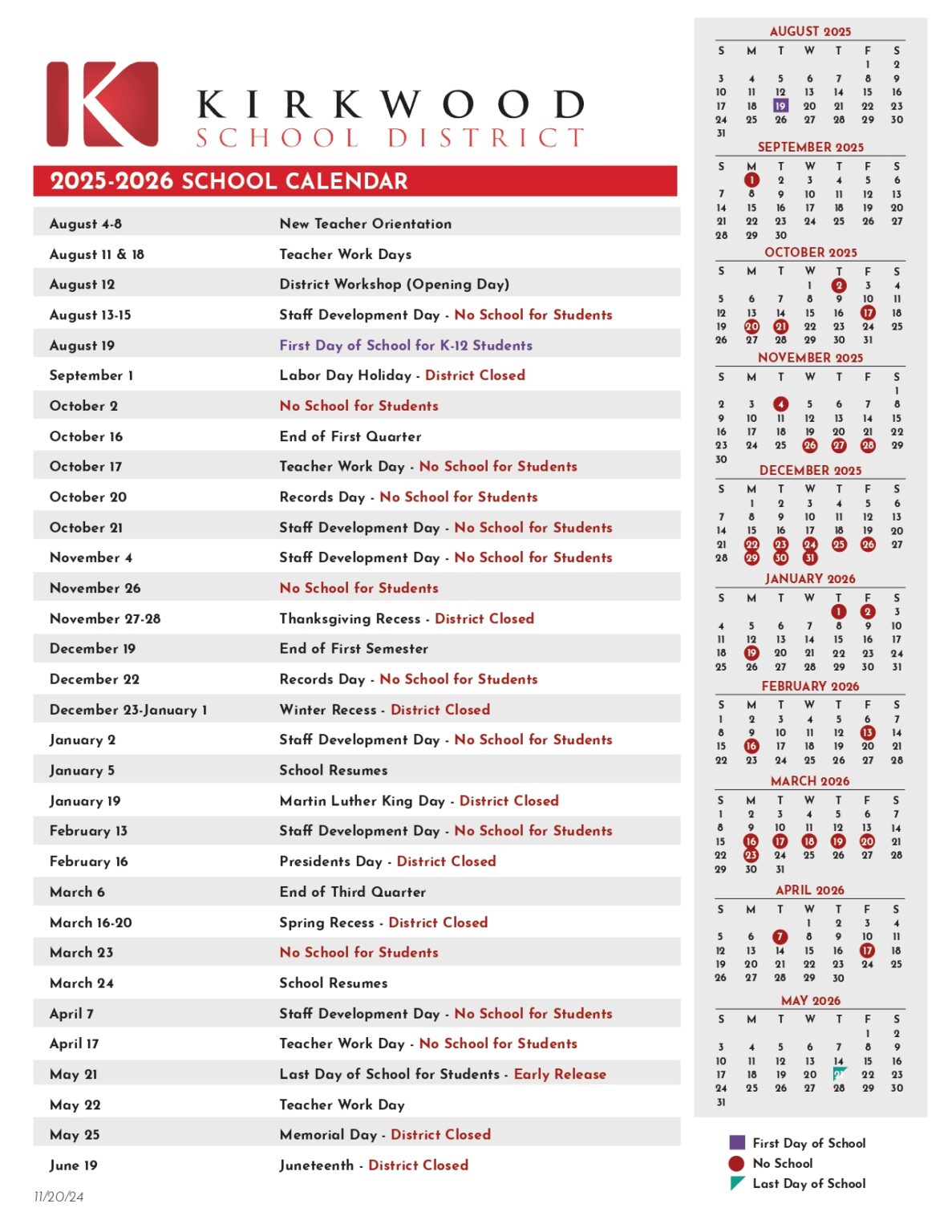 Kirkwood School District Calendar 25-26 Revised [PDF] - EduCounty
