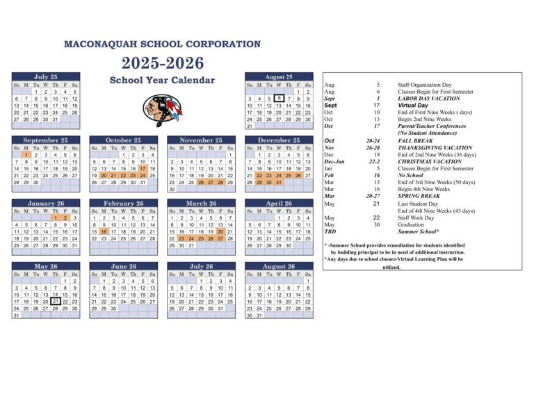 Maconaquah School Corporation Calendar 25-26 Revised [PDF] - EduCounty