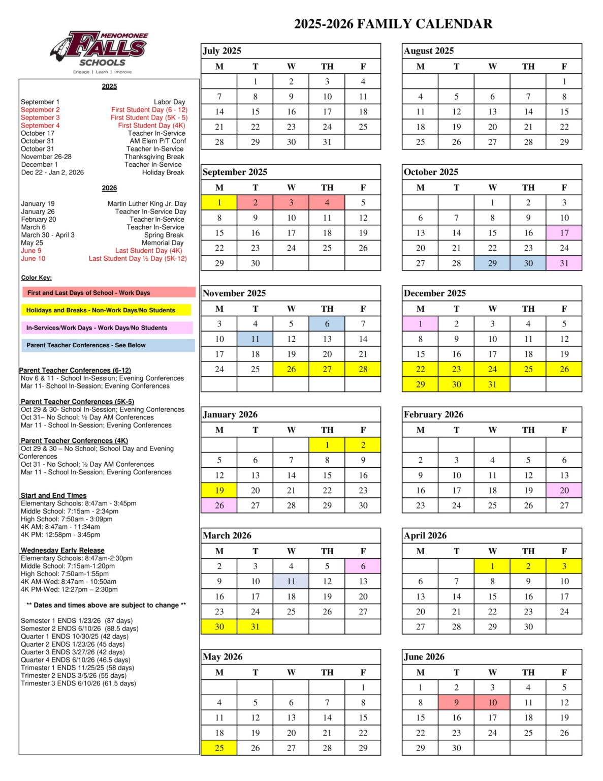 Menomonee Falls School Calendar WI 25-26 Revised [PDF] - EduCounty