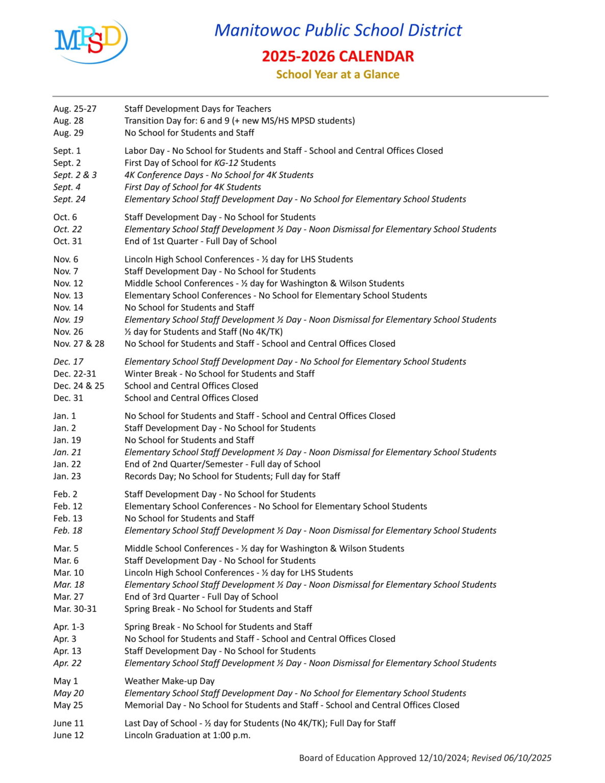 Manitowoc Public School District mpsd Calendar 25-26 Revised [PDF] - EduCounty