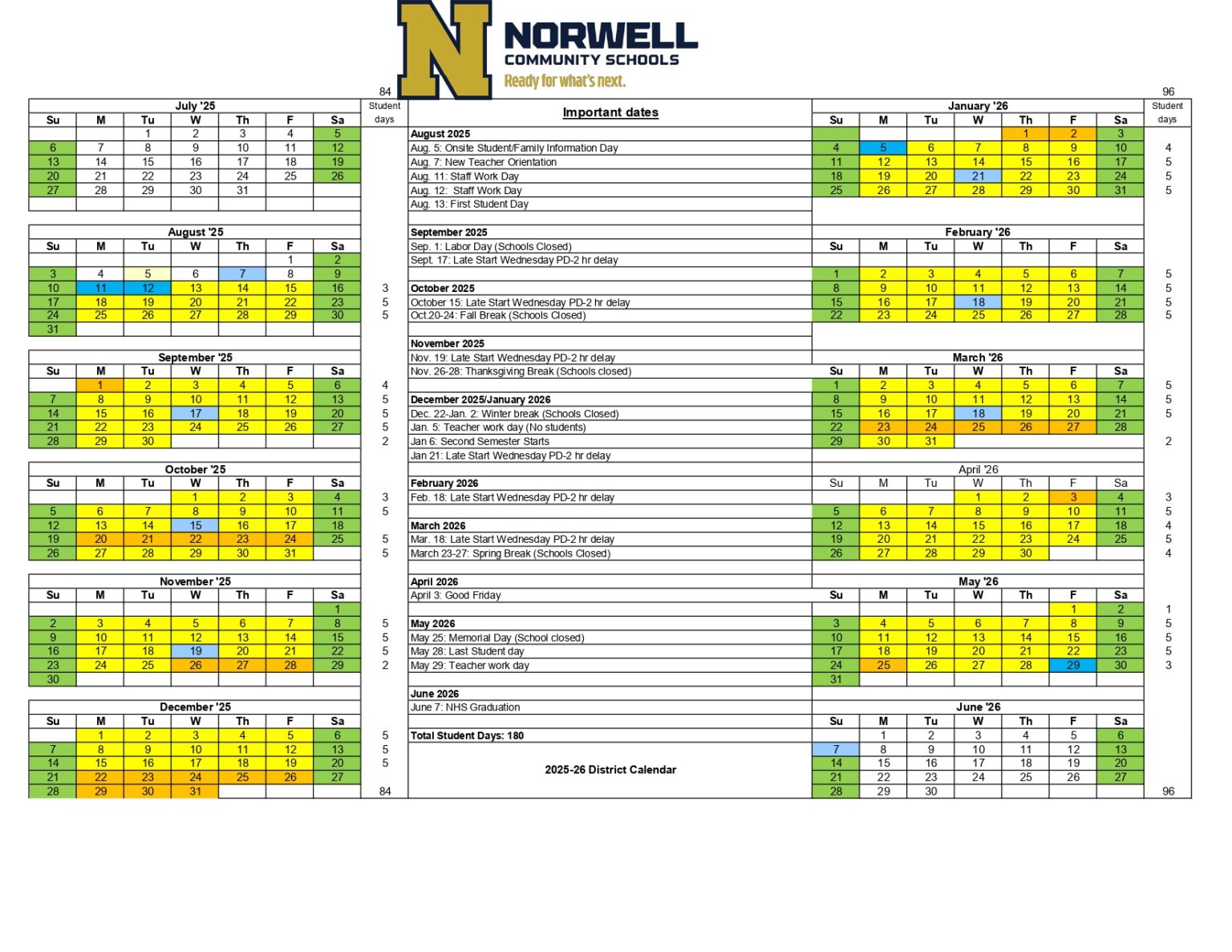 Norwell Community Schools Calendar 25-26 Revised [PDF] - EduCounty