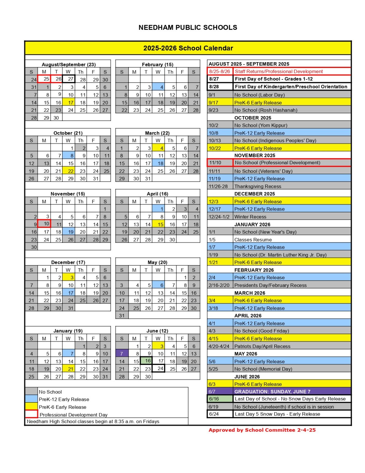 Needham Public Schools Calendar 25-26 Revised [PDF] - EduCounty