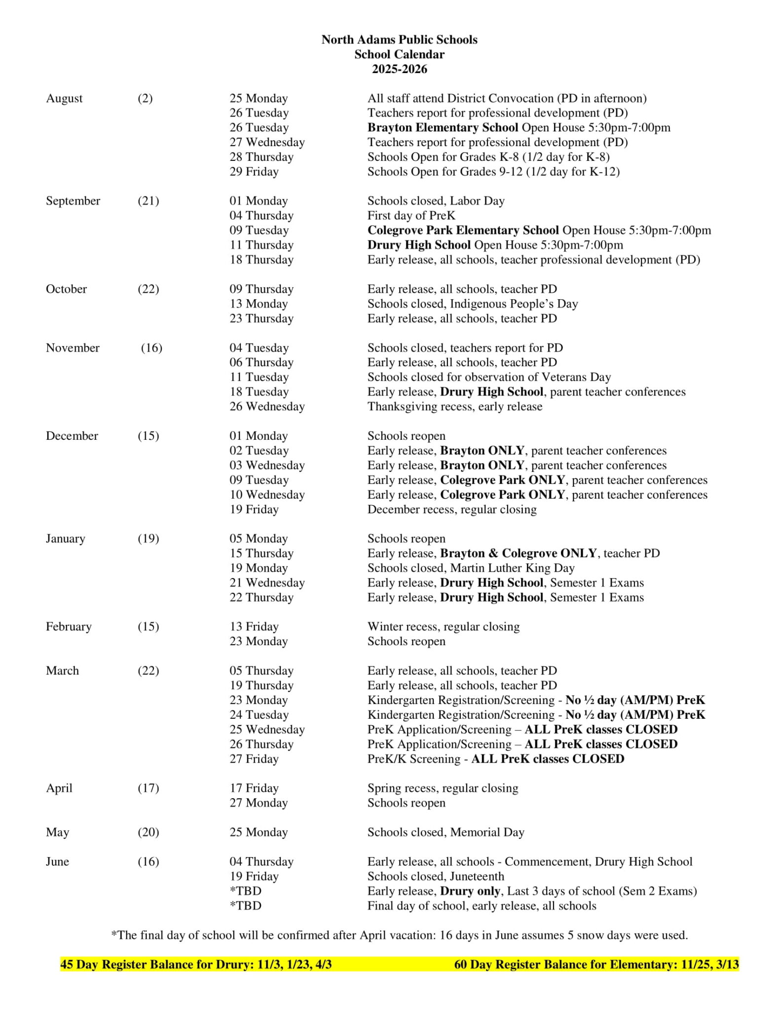 North Adams Public Schools Calendar 25-26 Revised [PDF] - EduCounty