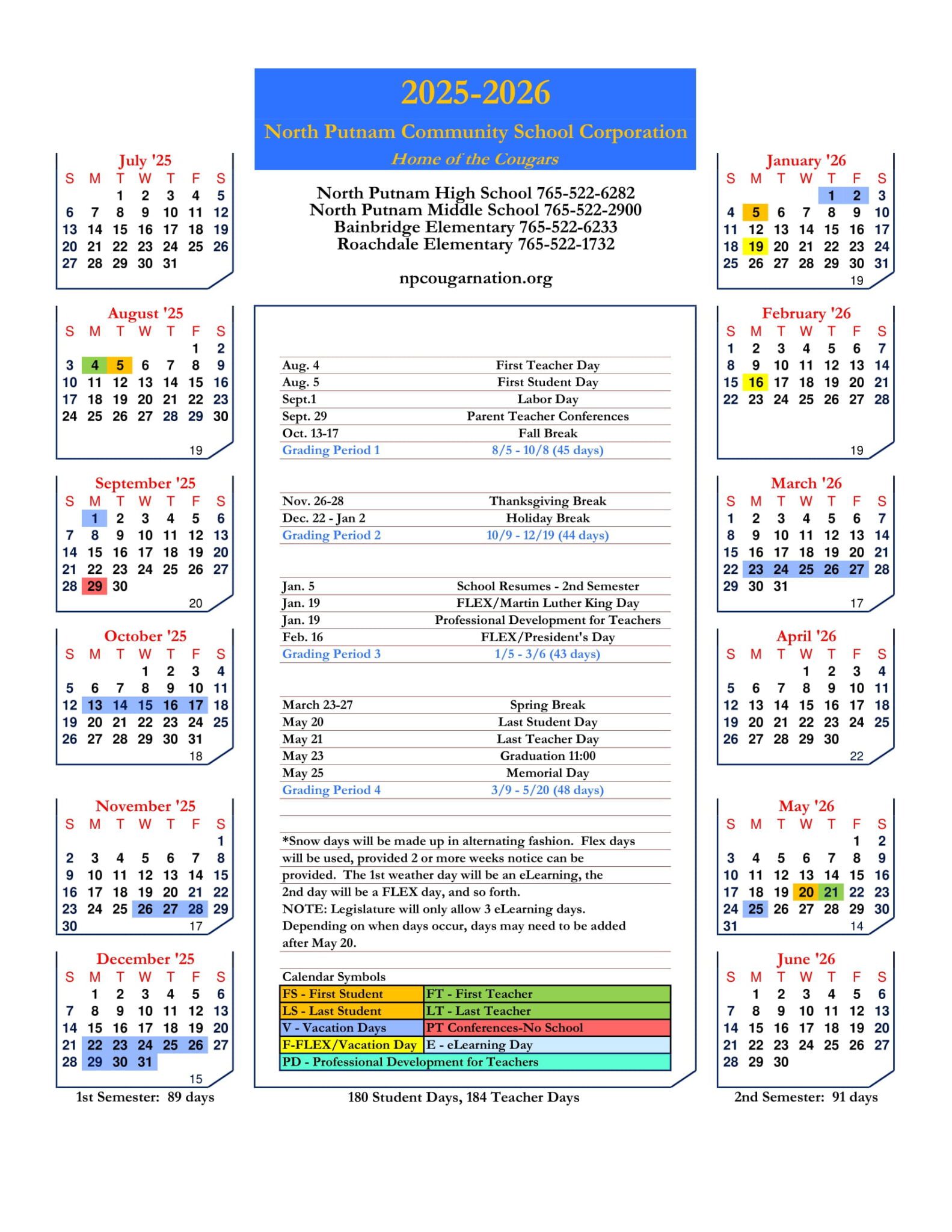 North Putnam Community School Corporation Calendar 25-26 Revised [PDF ...