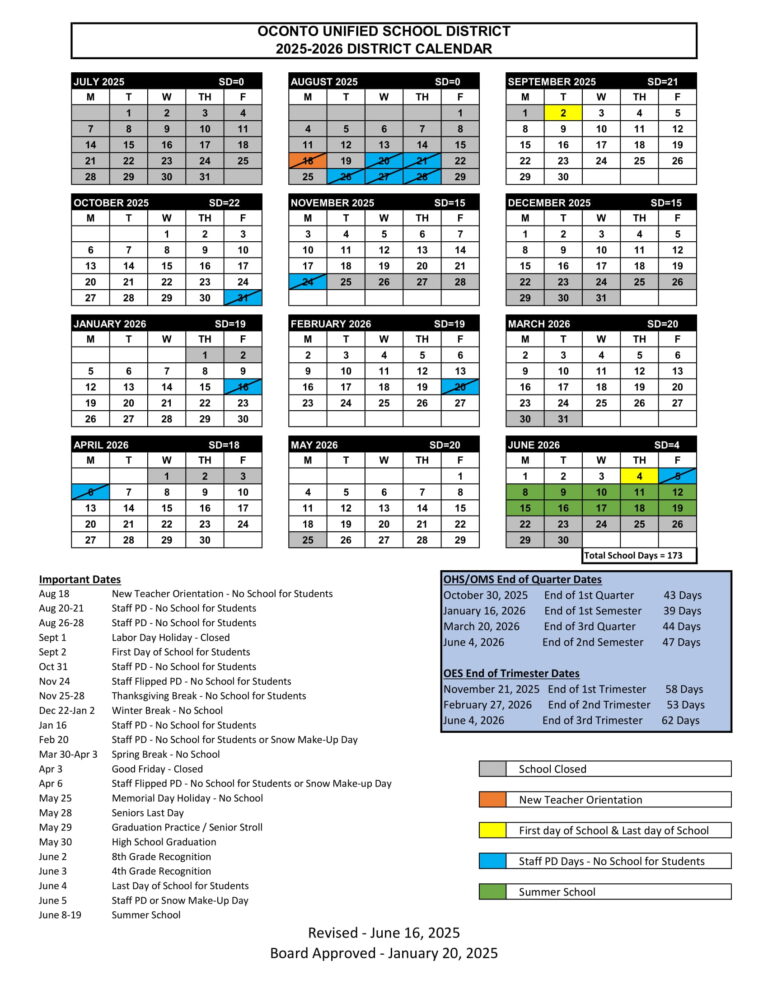 OCONTO UNIFIED SCHOOL DISTRICT WI Calendar 25-26 Revised [pdf] - EduCounty