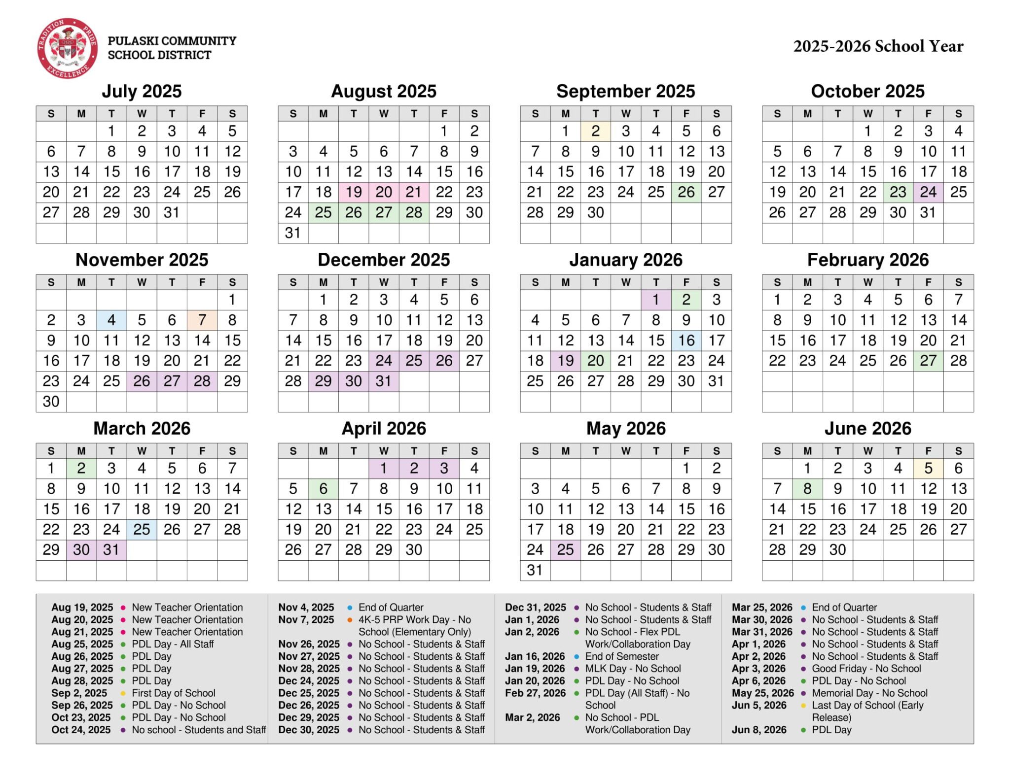 PULASKI COMMUNITY SCHOOL DISTRICT Calendar 25-26 Revised [PDF] - EduCounty
