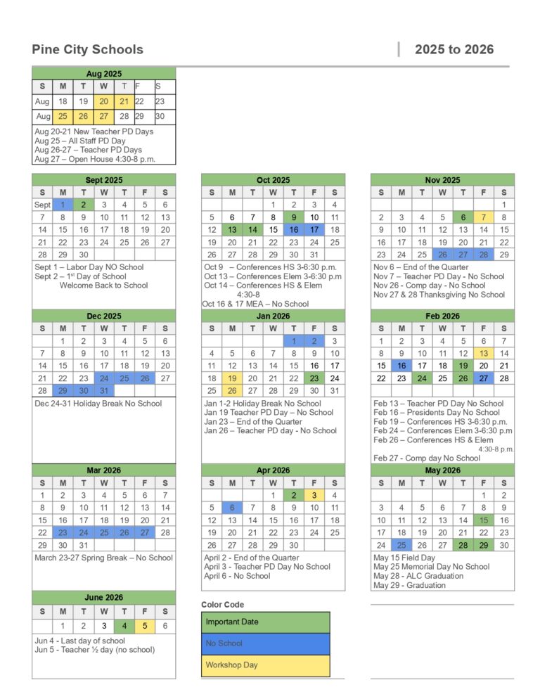 Pine City Public Schools MN Calendar 25-26 Revised [PDF] - EduCounty