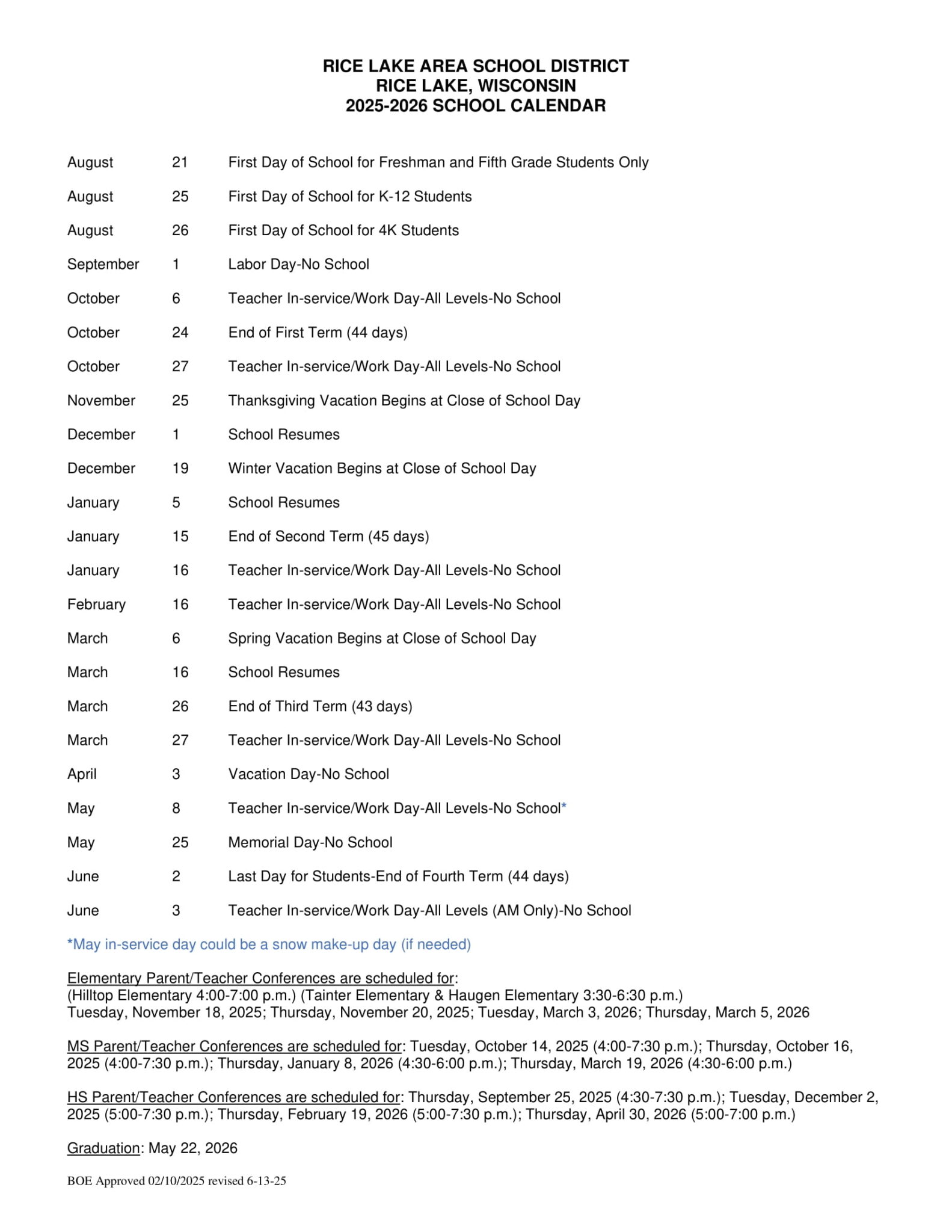 RICE LAKE AREA SCHOOL DISTRICT WI Calendar 25-26 Revised [PDF] - EduCounty