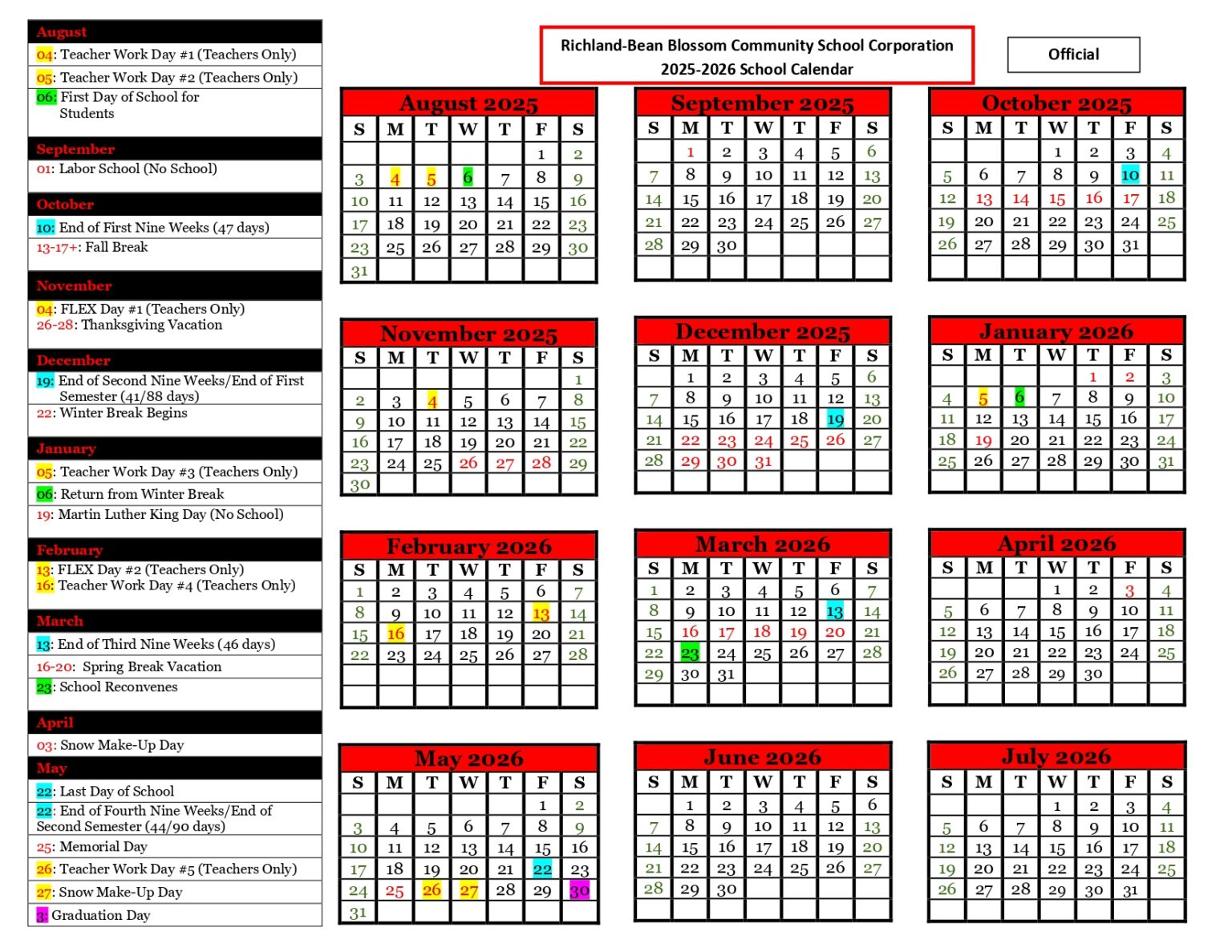 Richland-Bean Blossom Community School Calendar 25-26 Revised [PDF ...