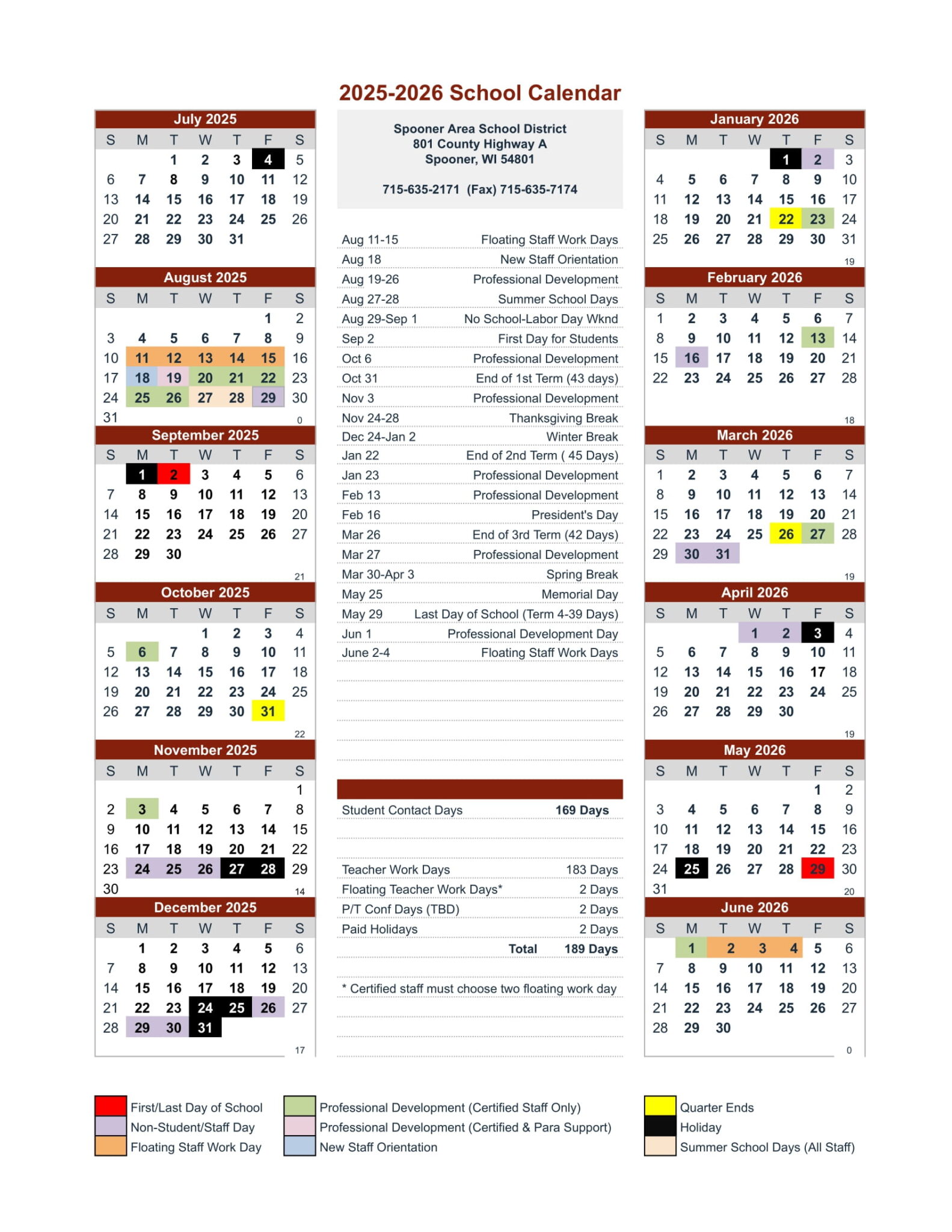Spooner Area School Calendar sasd 25-26 Revised [PDF] - EduCounty