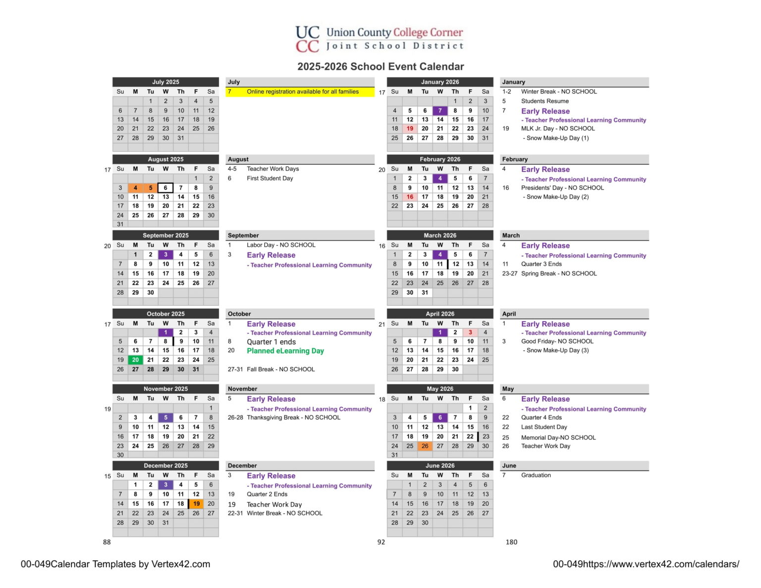 UC Union County College Corner CC Joint School District Calendar 25-26 ...