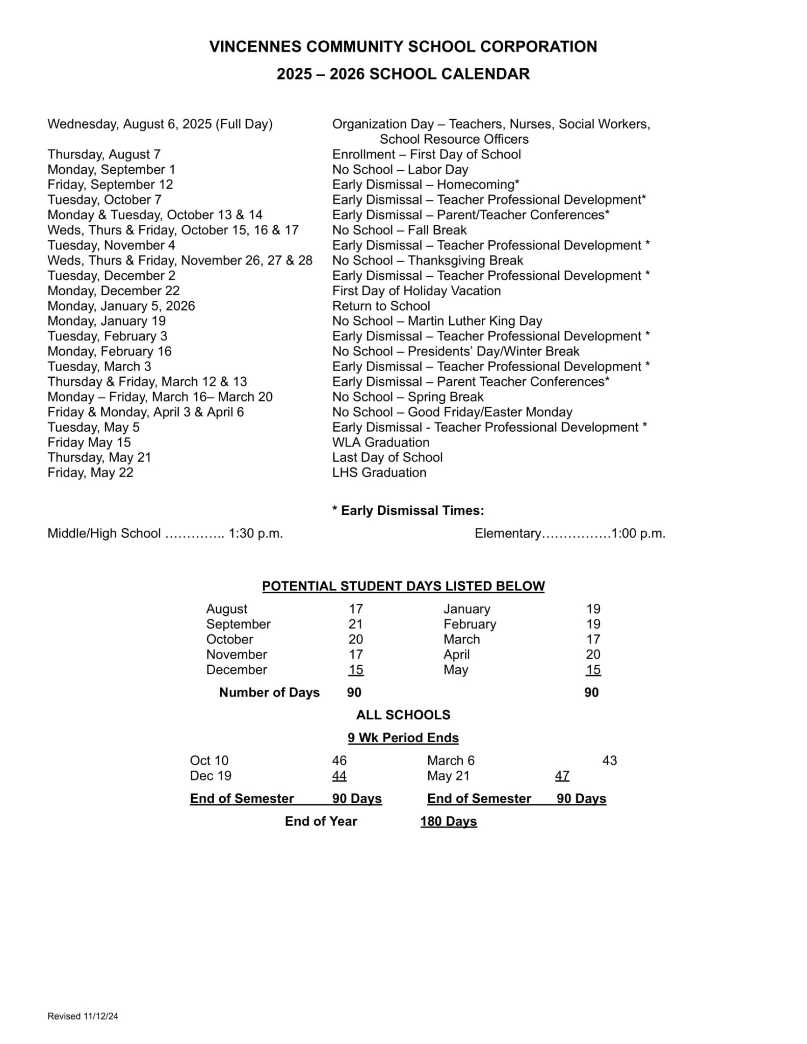 Vincennes Community School Corp Calendar 25-26 Revised PDF - EduCounty