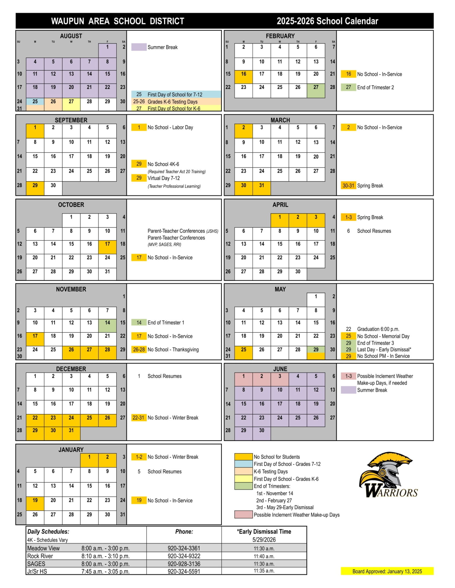 Waupun Area School District WI Calendar 25-26 Revised PDF - EduCounty