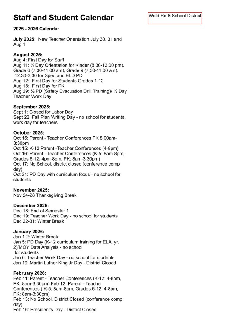 Weld Re-8 School District co Calendar 25-26 Revised [PDF] - EduCounty