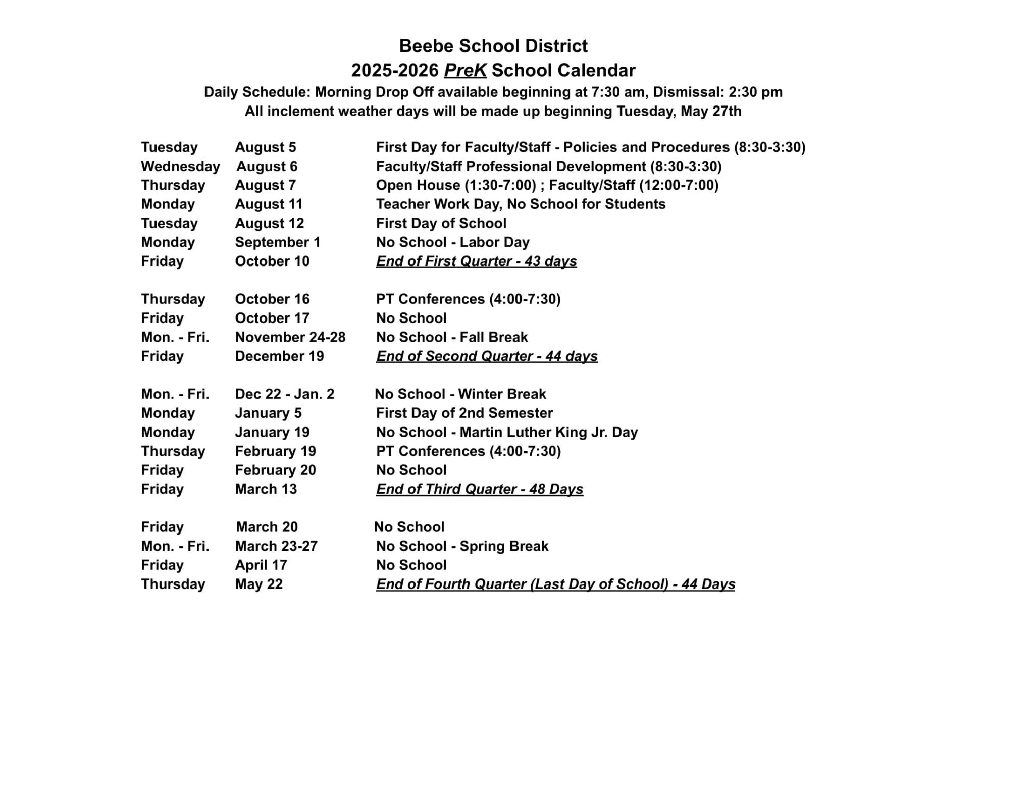 Beebe School District AR Calendar 25-26 Revised [pdf] - EduCounty