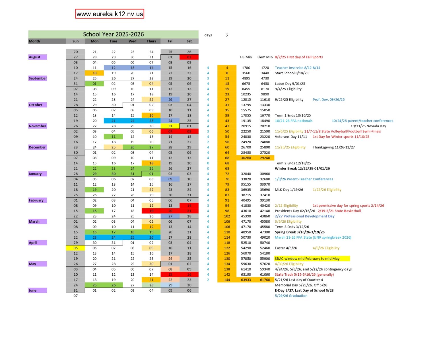 Eureka County School District NV Calendar 25-26 Revised [pdf] - EduCounty