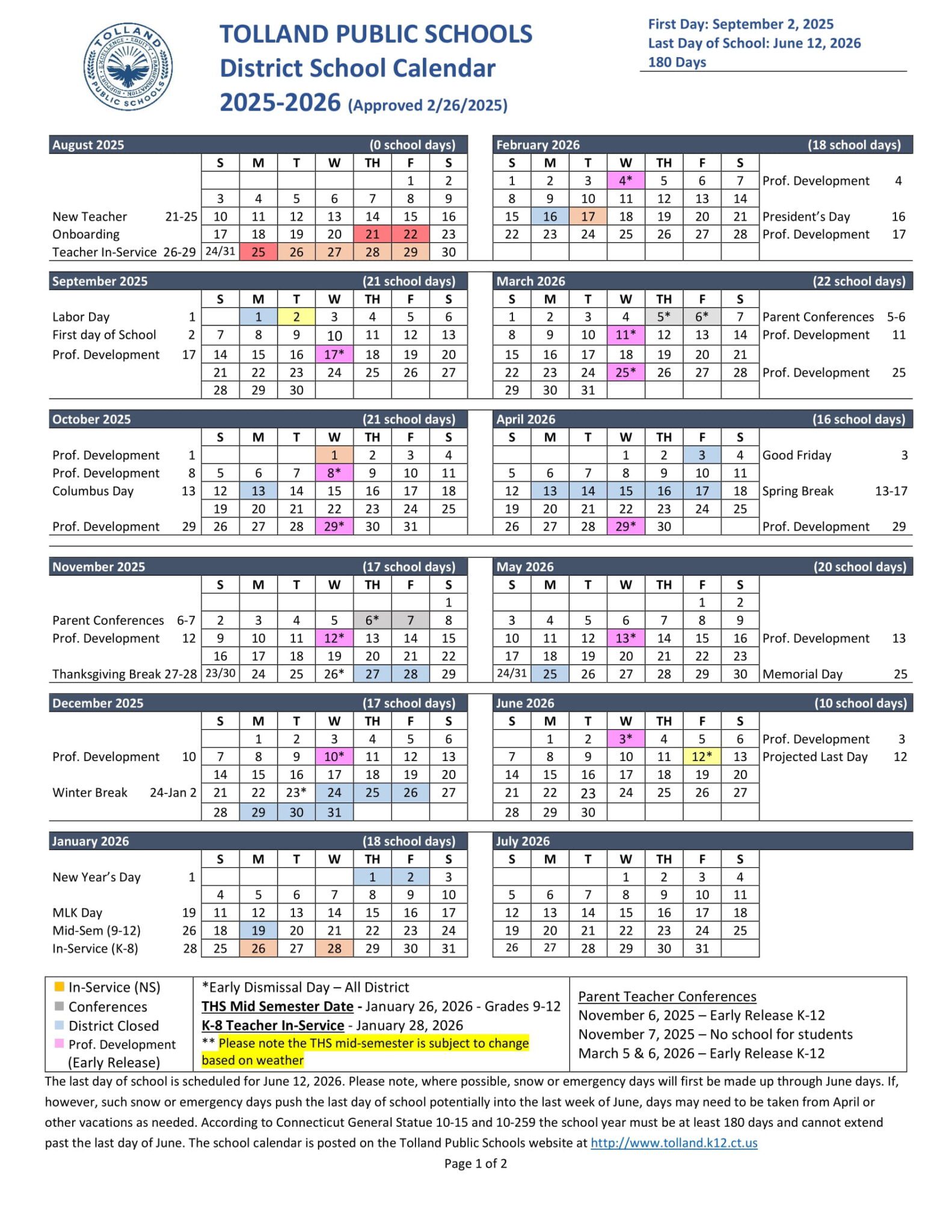 Tolland Public Schools CT Calendar 25-26 Revised [pdf] - EduCounty